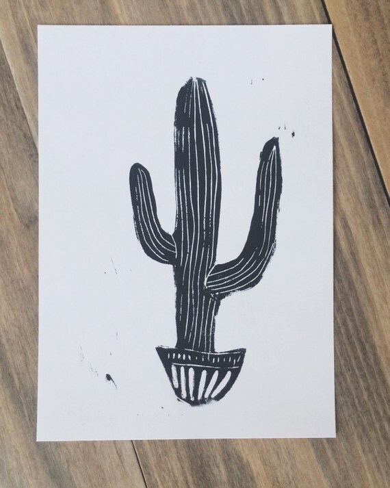 Tall Cactus 5x7 original linocut print