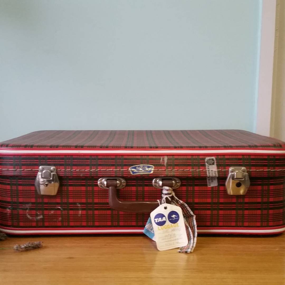 Vintage SUITCASE, retro display prop storage sun suitcase tartan ...