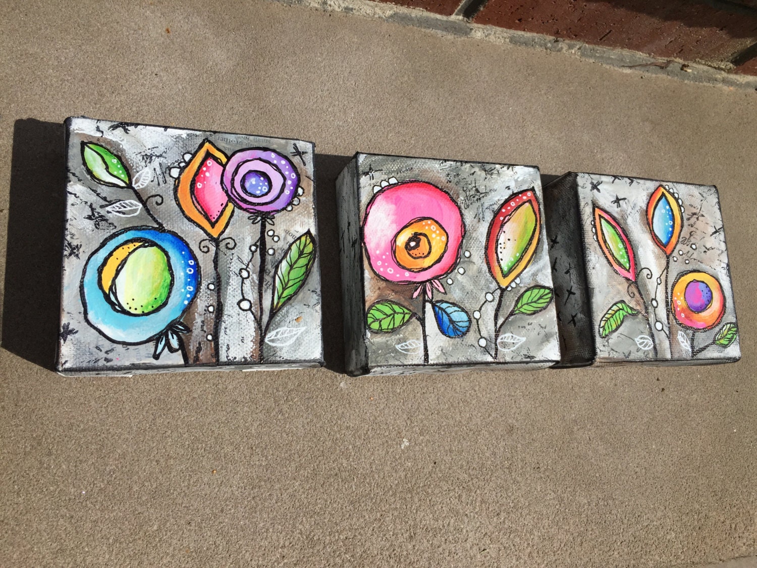 Whimsical Colorful Vibrant Mixed Media Canvases with Flowers
