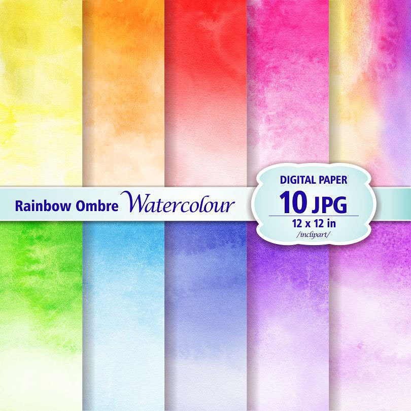 Ombre Rainbow Colour Watercolour Digital Paper Clip Art. Set