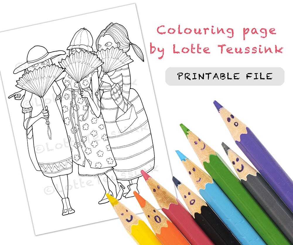Gossip girls illustration instant download colouring page, quirky funny ...