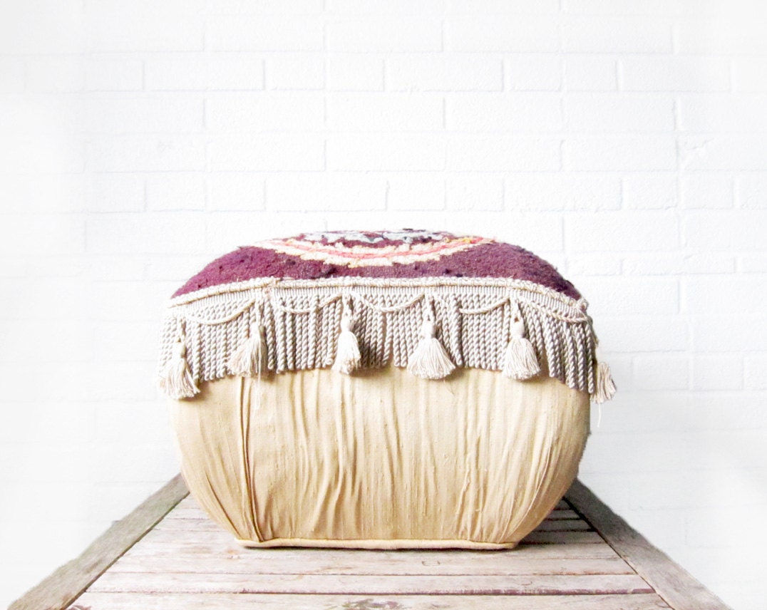 Vintage Pouf Ottoman – Needlepoint Tassel Silk and Wool Footstool ...