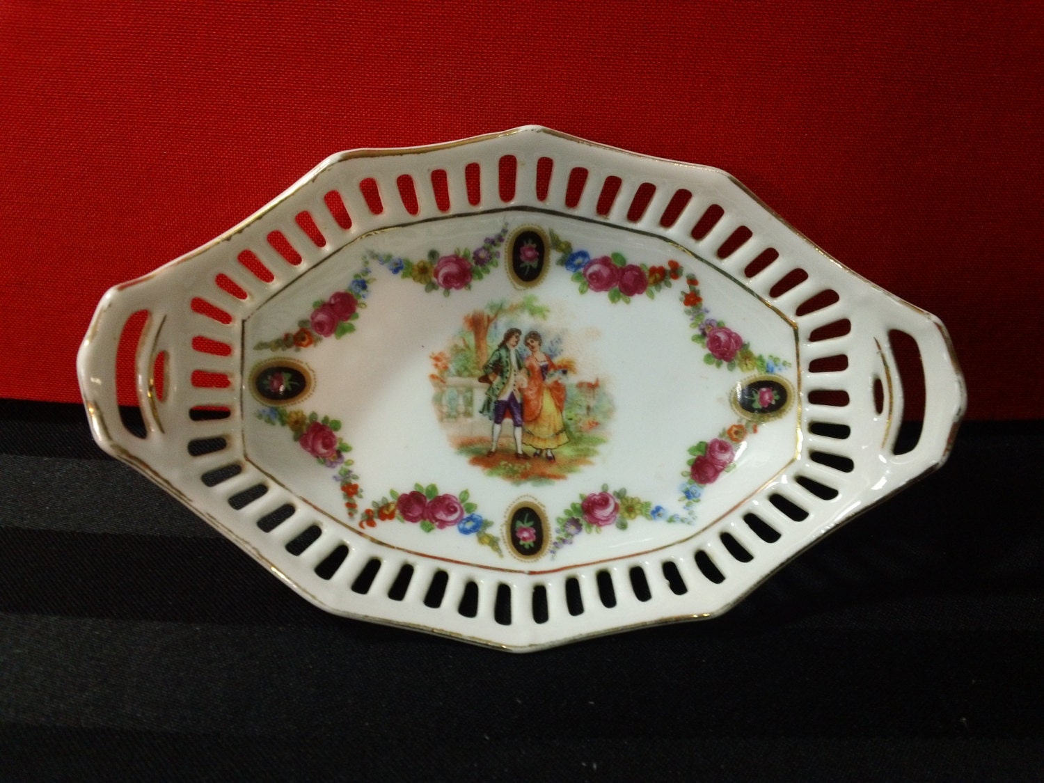 Vintage Schumann porcelain Pierced Oval Trinket / Nut Basket Dish with ...
