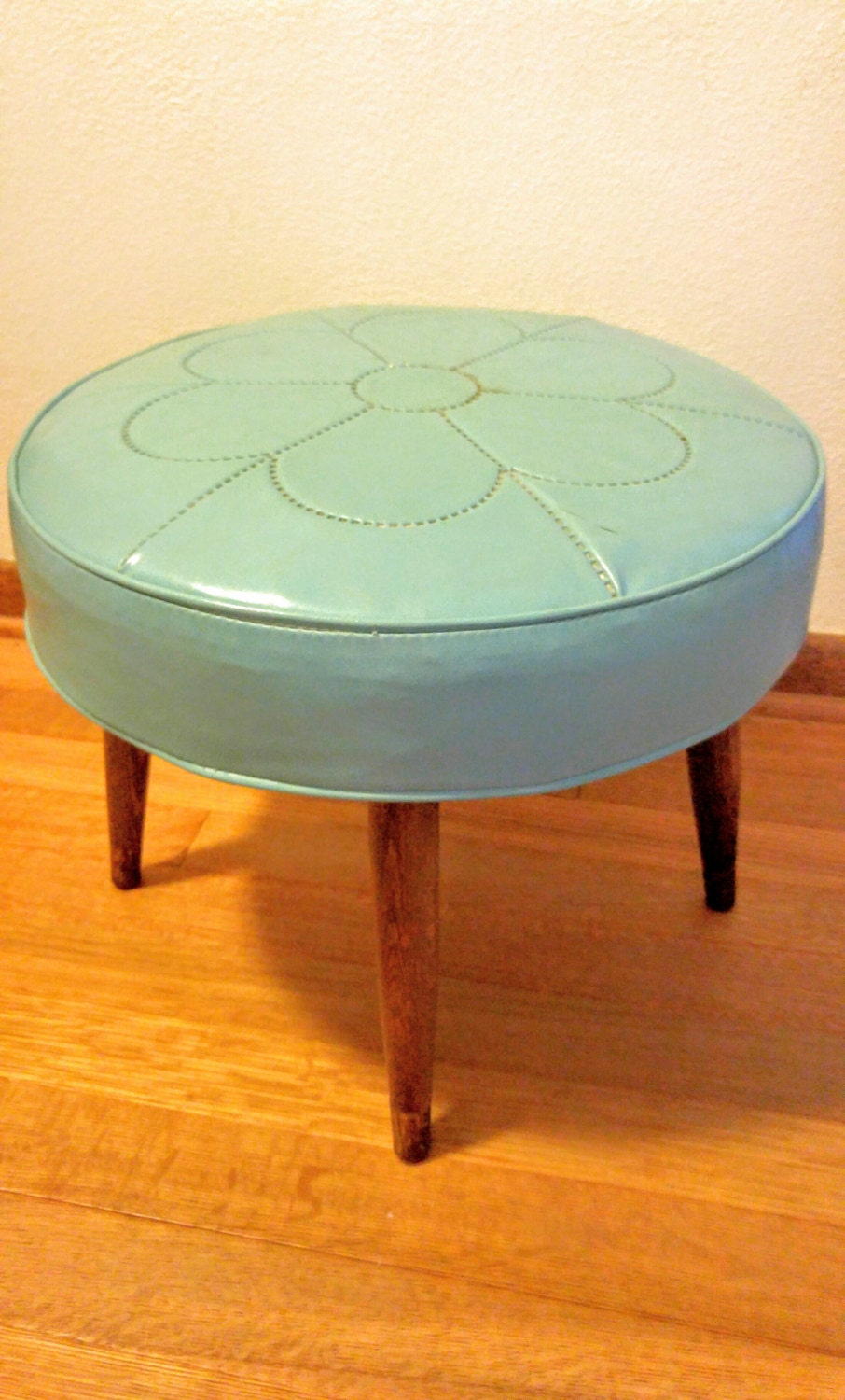 Mid Century Danish Modern Footstool with Aqua Blue Padded Vinyl Seat ...