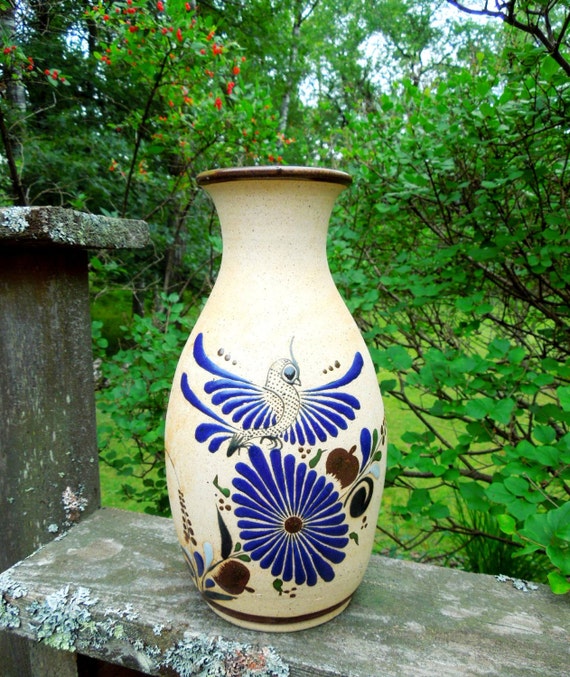 Mexican Pottery Vase Bird & floral design in by GUTTERSNIPES