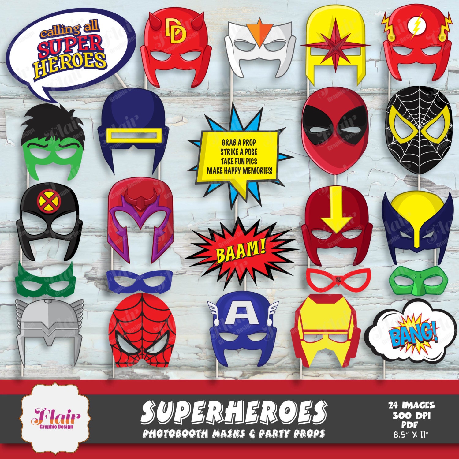 SUPERHEROES Photobooth Masks and Props Comic Book Party