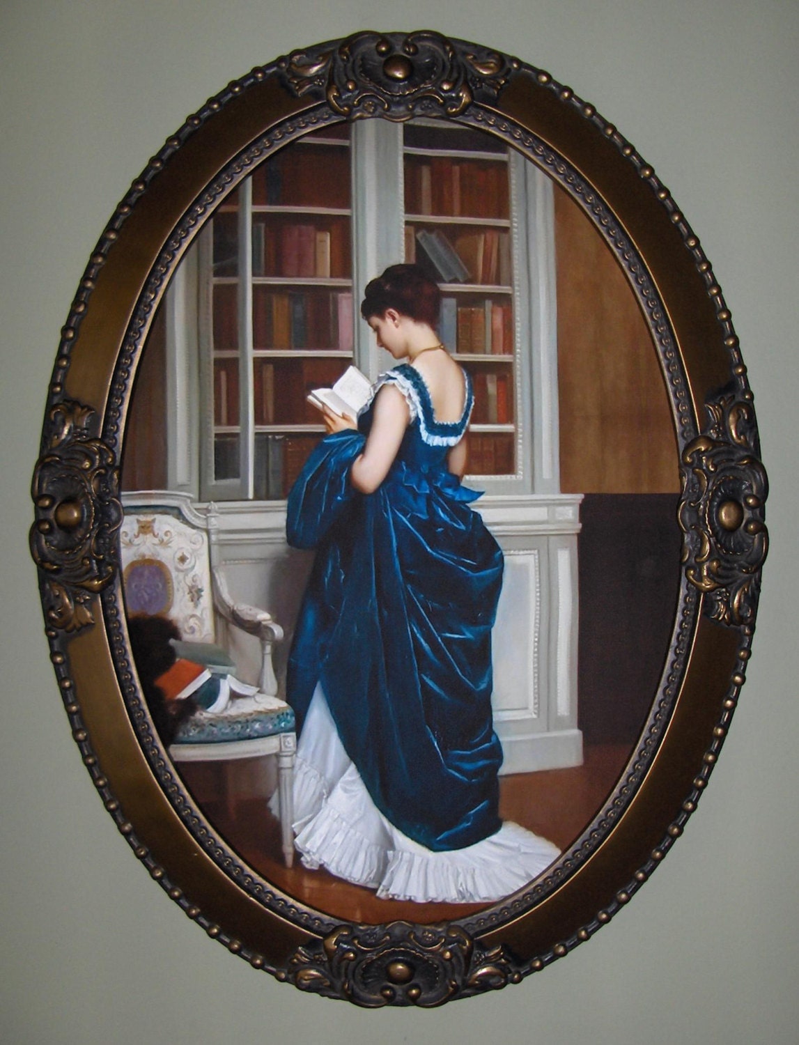 VICTORIAN ART PRINT on canvas in oval frame with bronze