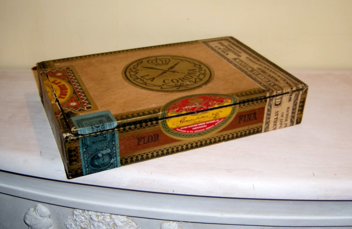 Antique CIGAR BOX Wood Wooden La CORONA Cuba Cuban Tax Stamp 1944 ...