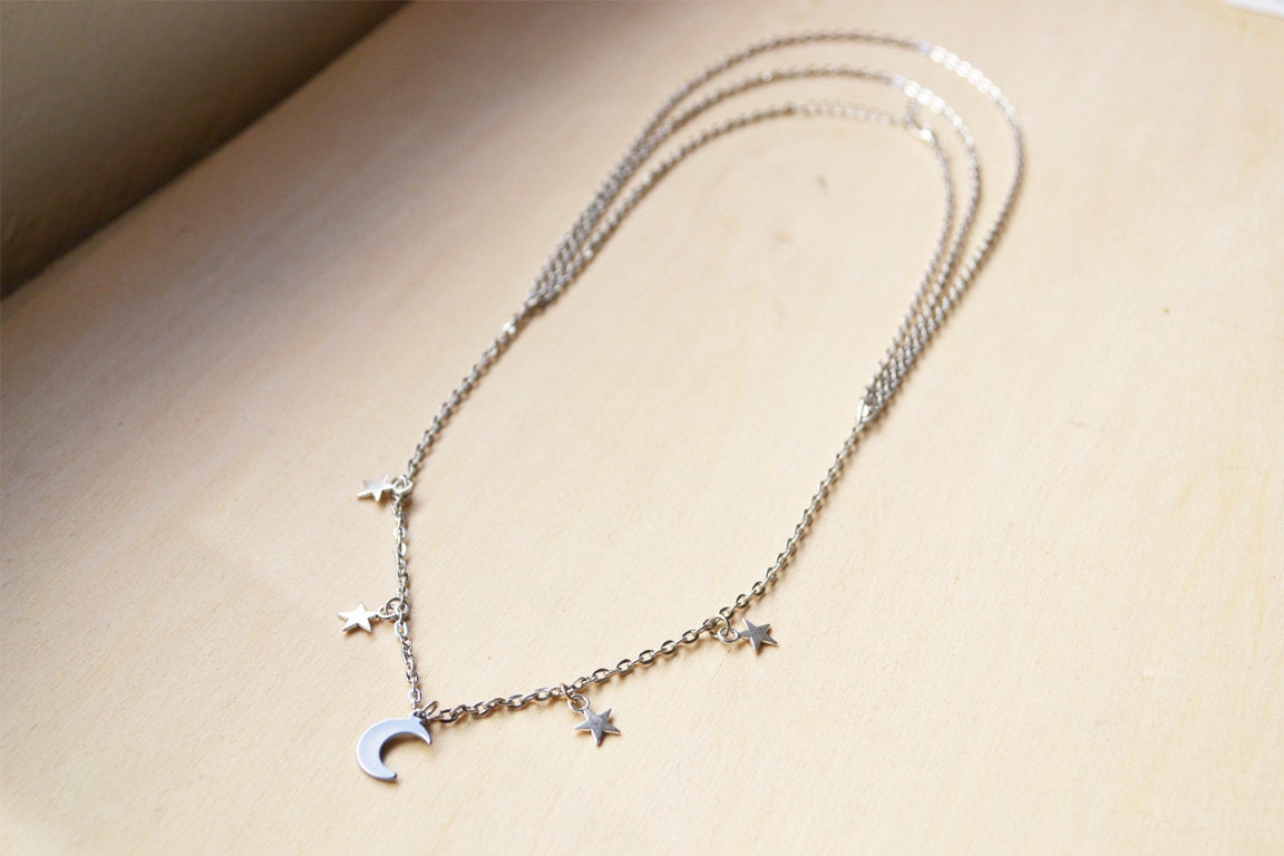 Silver Crescent Moon and Stars Head Chain by oflovelythings