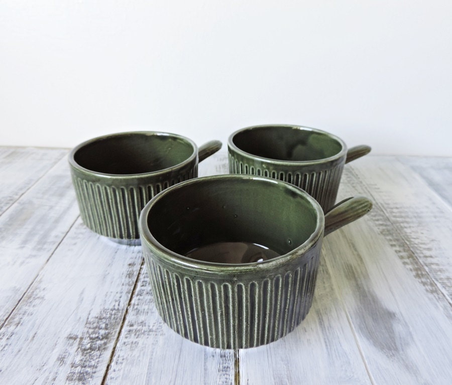 Vintage Blue John Pottery – 3 Retro Glazed Green Soup Bowls – Retro ...