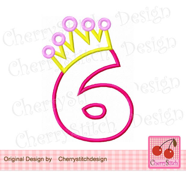 Crown Number 6 Birthday embroidery applique design -4x4 5x7 6x10 ...