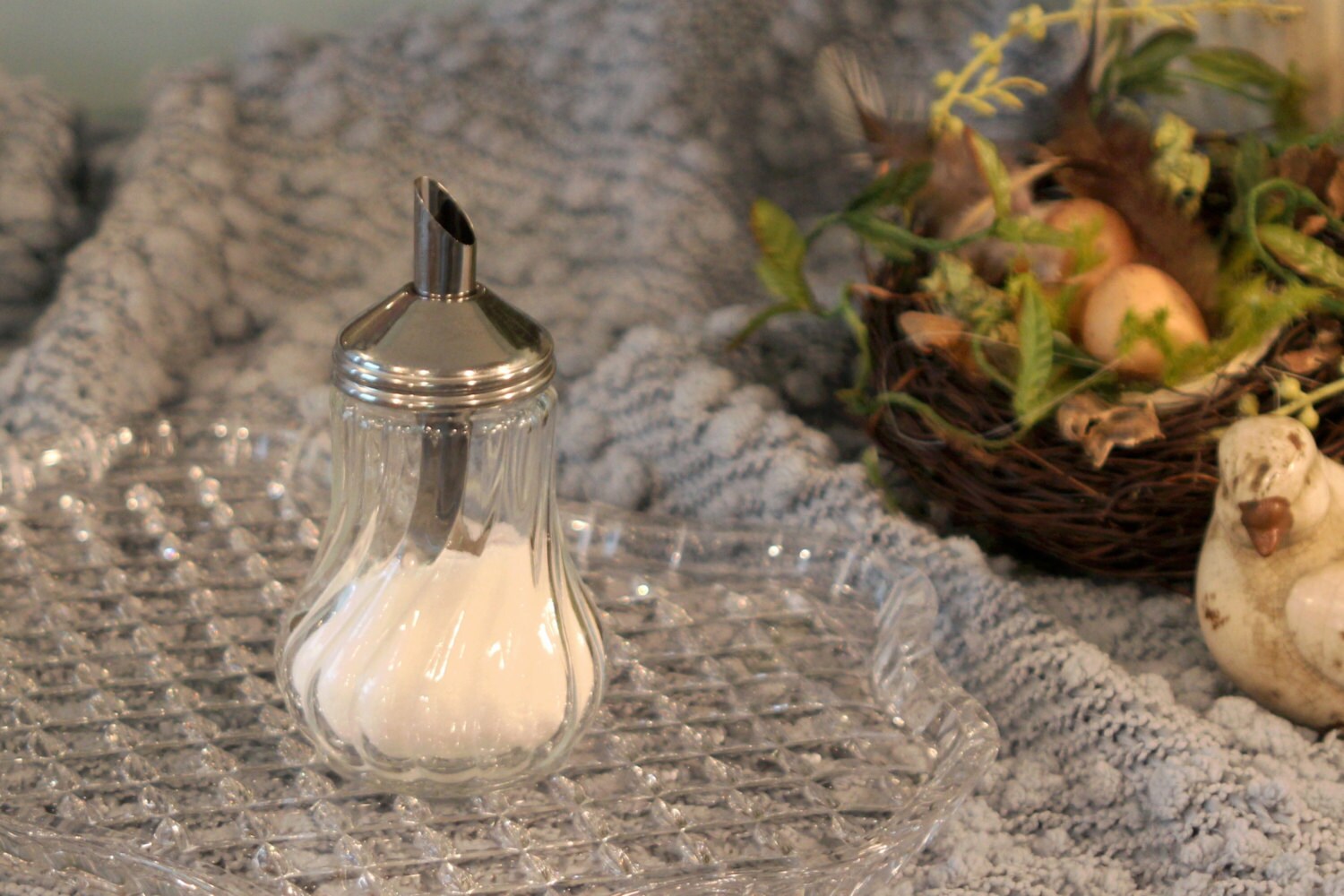German Swirl Glass Sugar Dispenser – Clear Pressed Glass – Stainless ...