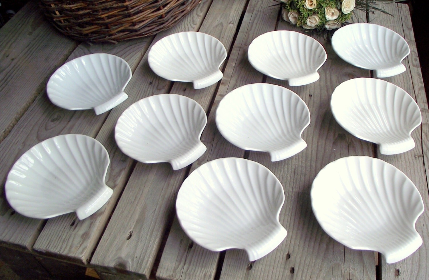Set of 10 Vintage Ceramic Scallop Shell Dishes – Soap Tray – White Food ...