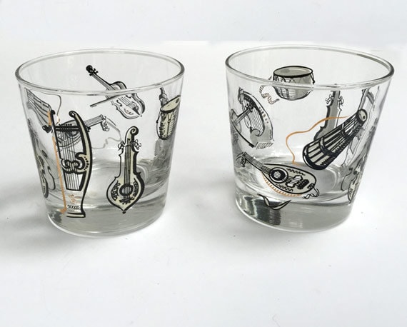 Vintage Musical Instruments Glass Set Cocktail Highball Old Fashion ...