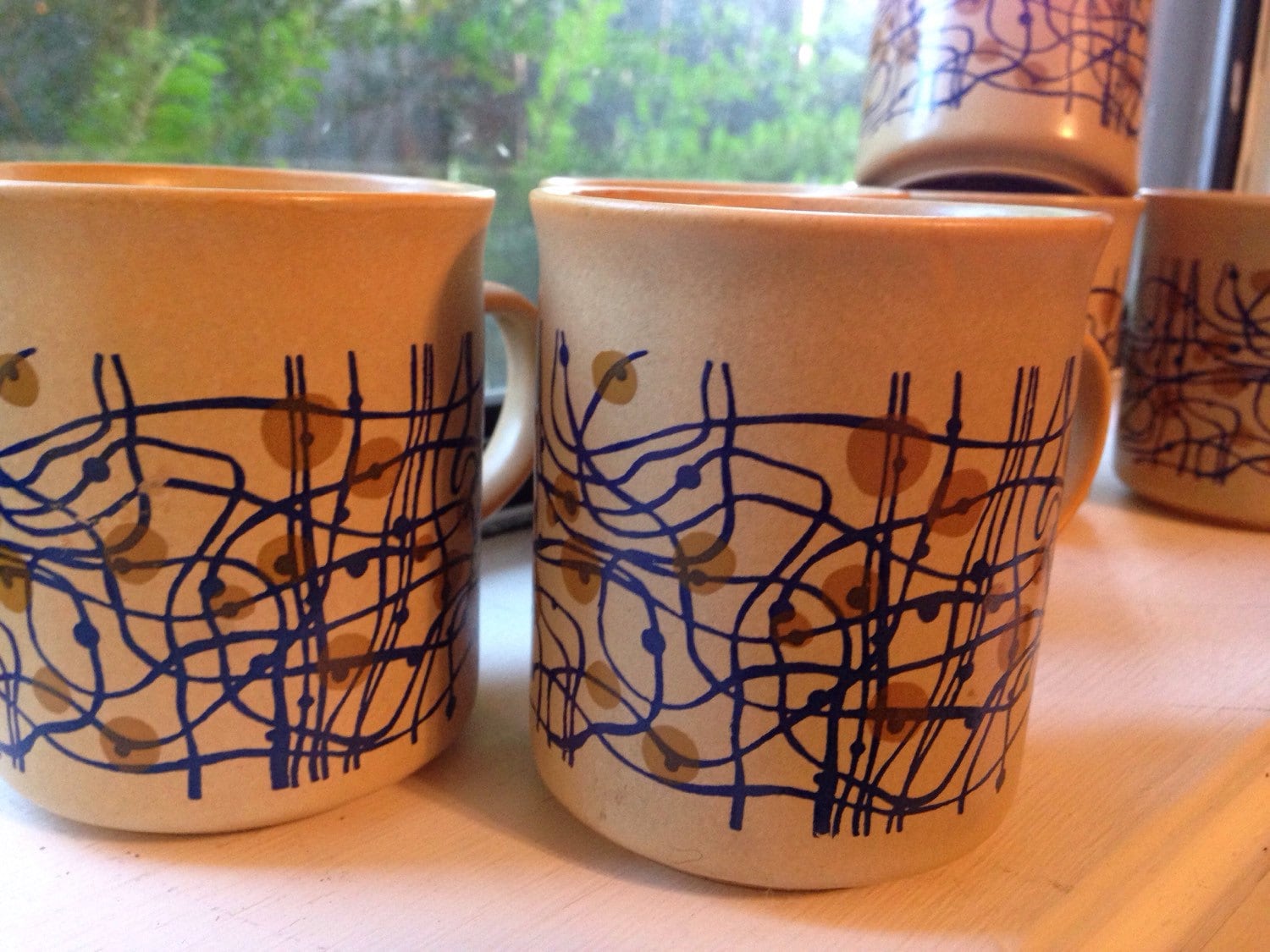 Blue Squiggly Retro Modern Design Natural Stoneware Coffee Mugs Made in ...