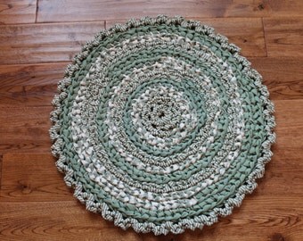 Rag Rug Blue Green and White 28 x 45 Crocheted by ShirleysRagRugs