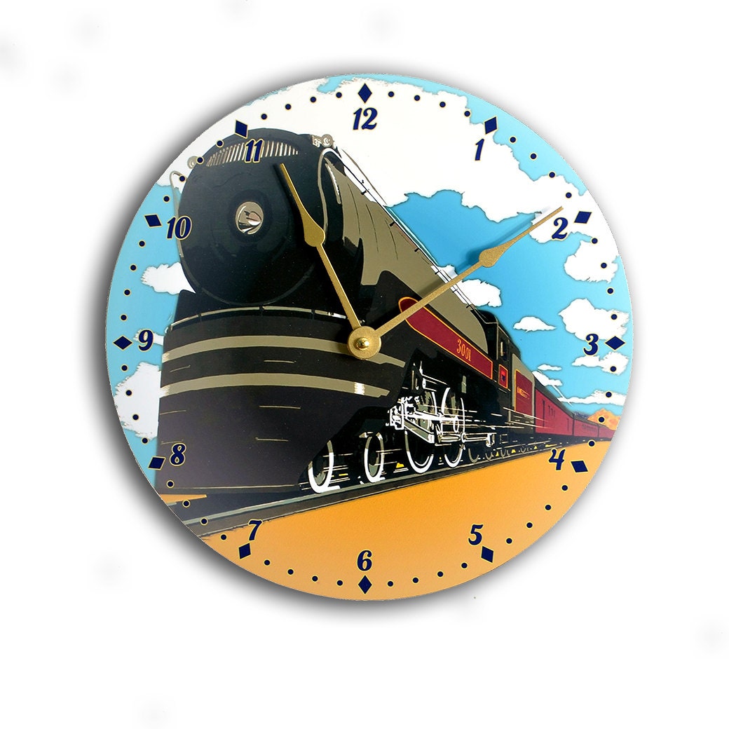 Vintage art train clock. Railroad clock. Blue black and gold