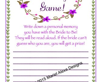 Memory Game Who Am I Bridal Shower Game Instant Download