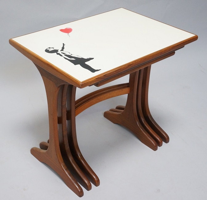 Vintage Nest of 3 Tables with Banksy Style Balloon Girl Design – Haute ...