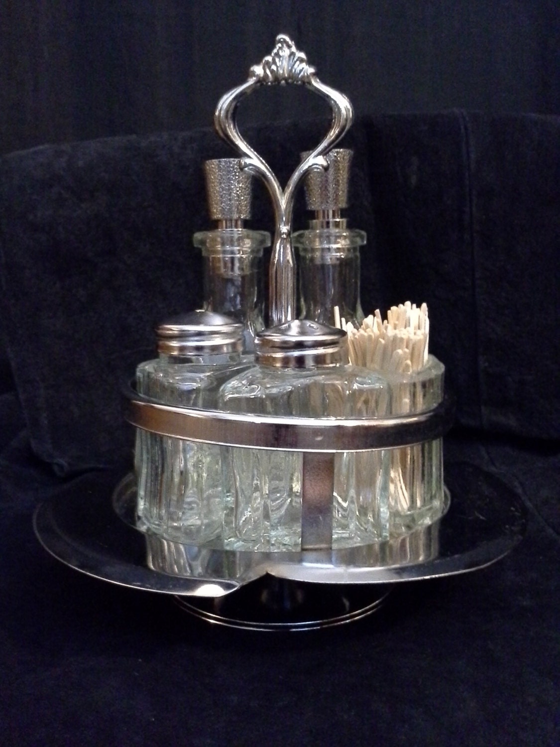 Vintage clear glass and chrome condiment set with chrome caddy- 10 ...