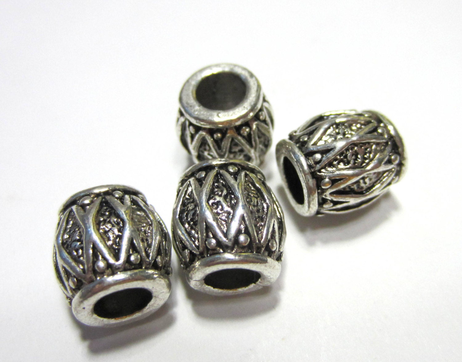 6 Antique silver beads textured metal large hole beads ethnic