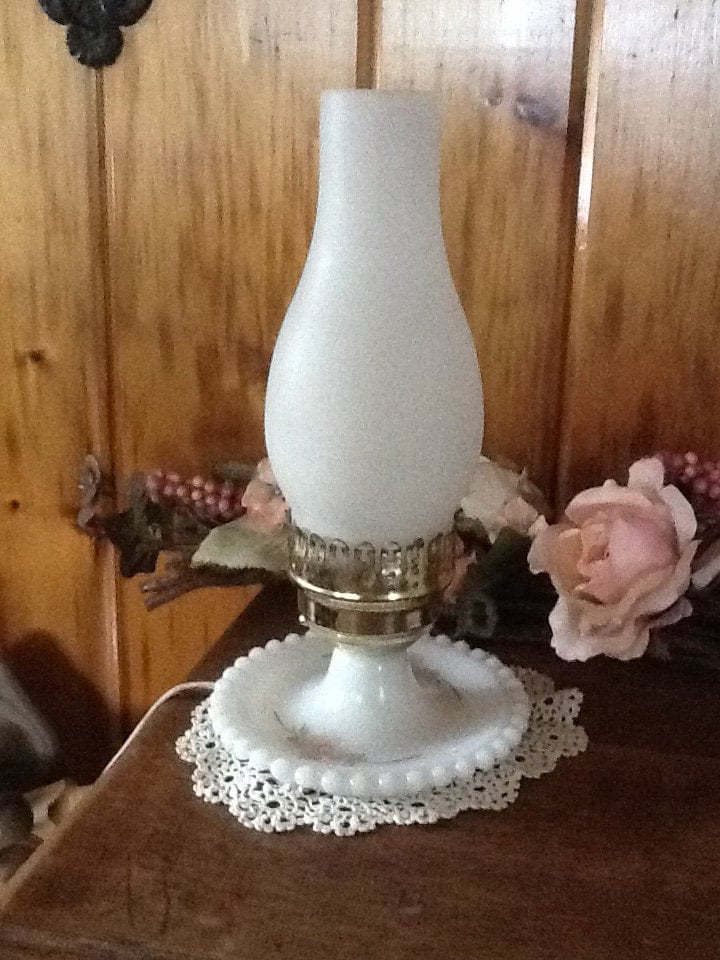 Milk Glass Lamp Candlewick w/Pink Flowers Antique Cottage Lighting ...