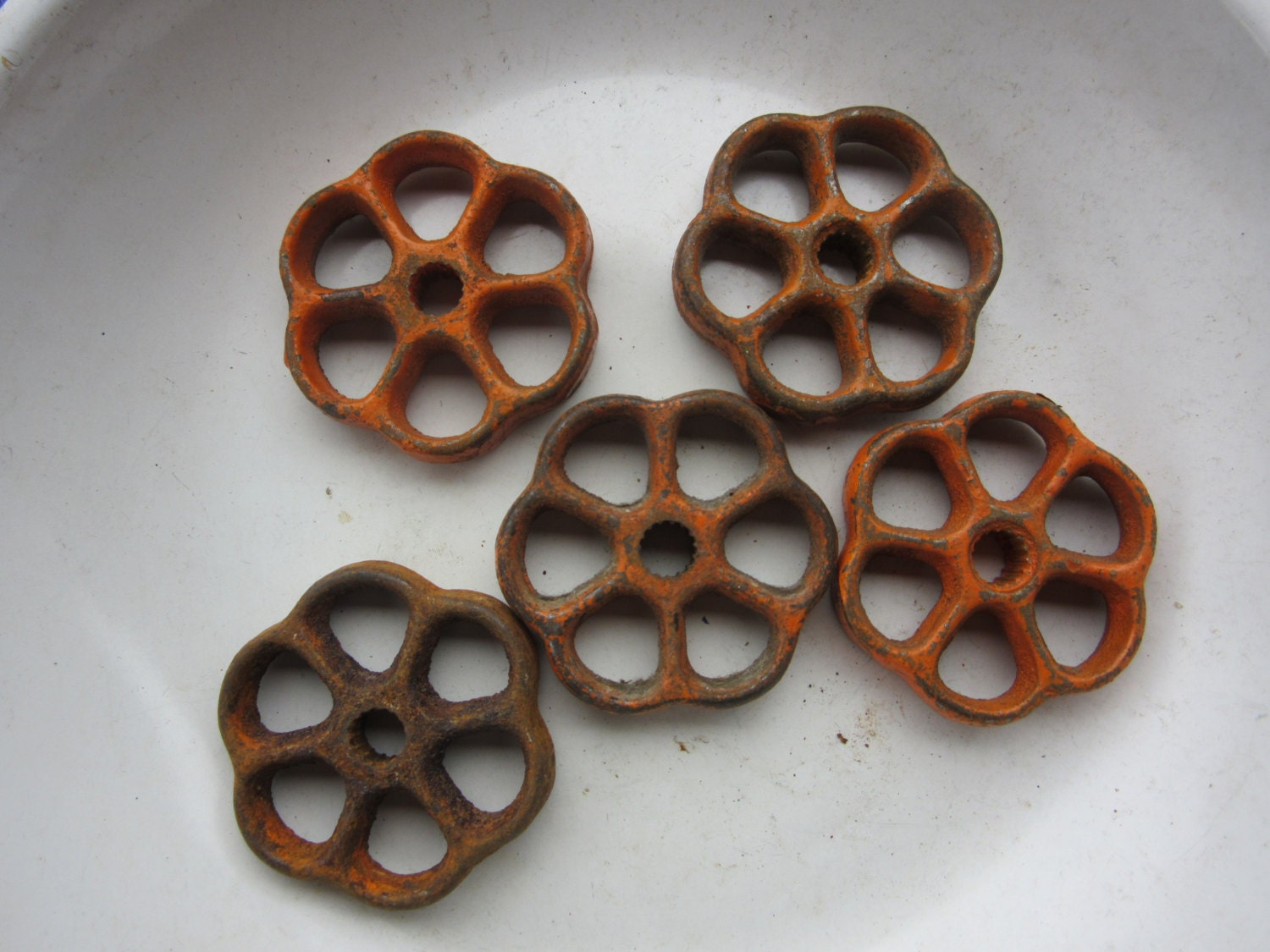 faucet knob handles, 5 valve handles, orange, rust, dresser handles ...