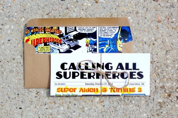 Items similar to Calling All Superheroes Newspaper Invitation ...