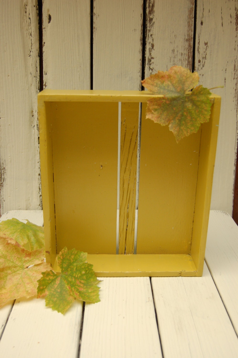 Chippy Painted wooden crate.Rustic Mustard painted box. Shabby pea ...