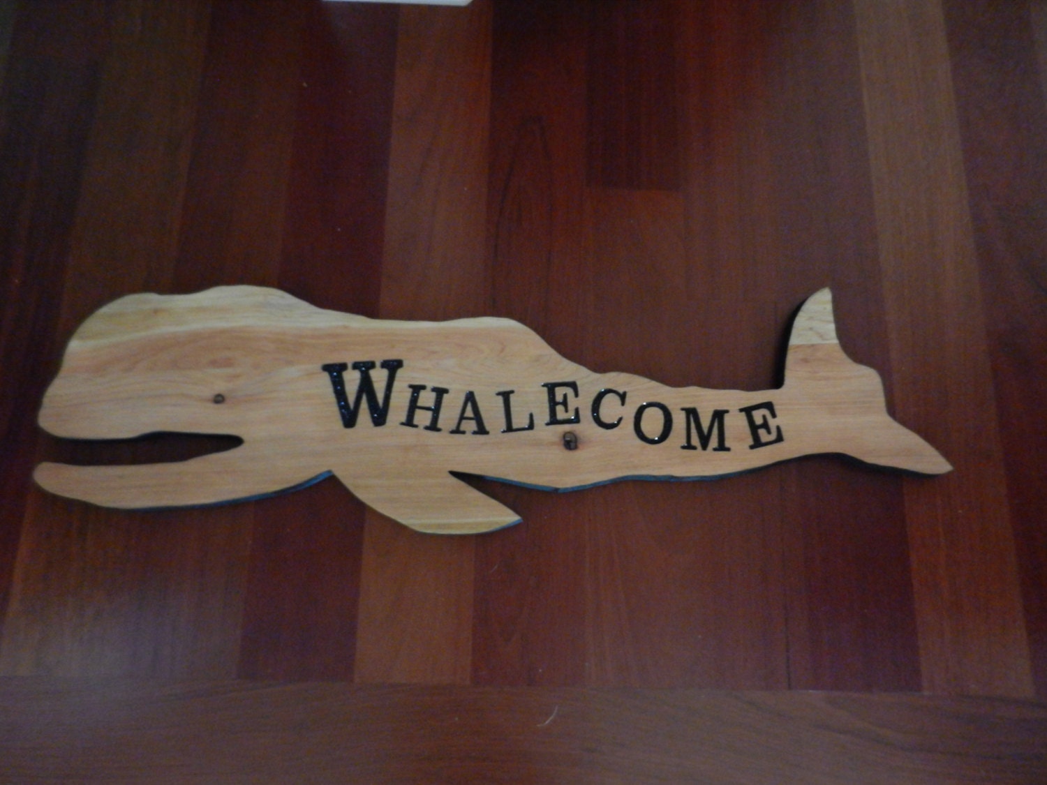 Hand Carved sign on Cedar Wood WHALECOME Welcome Whale
