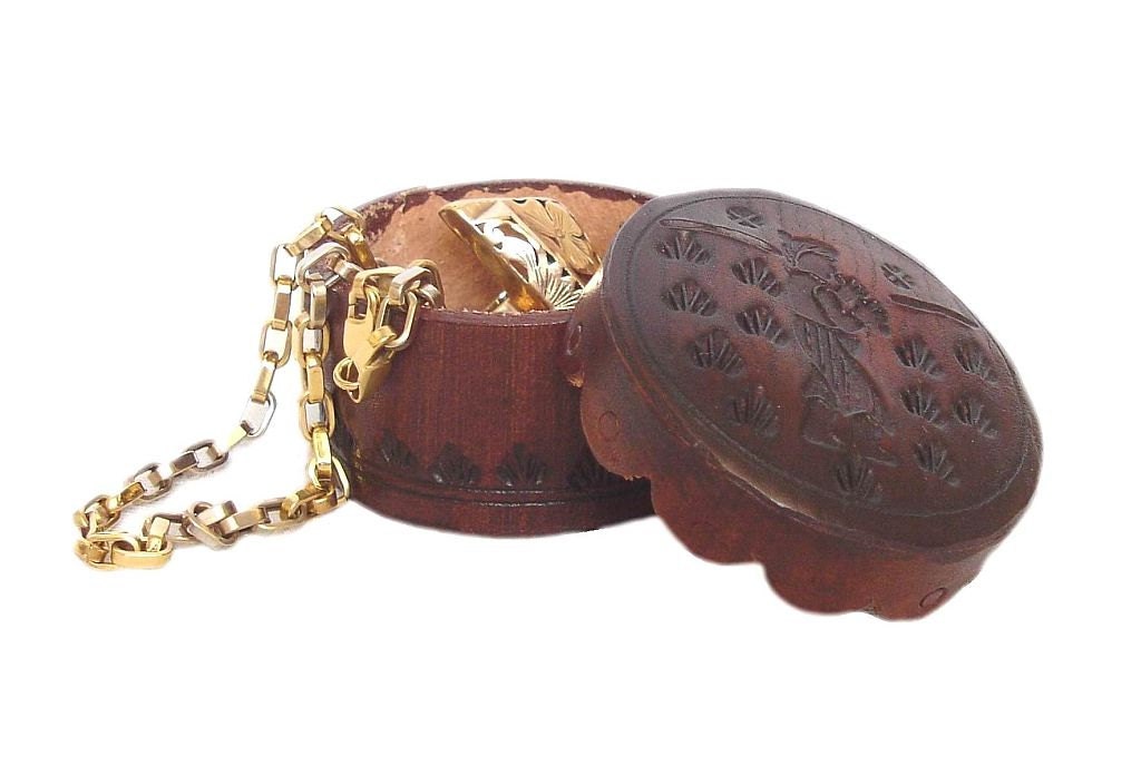Vintage Small Asian Embossed Leather Trinket Box. Round Tooled Leather ...