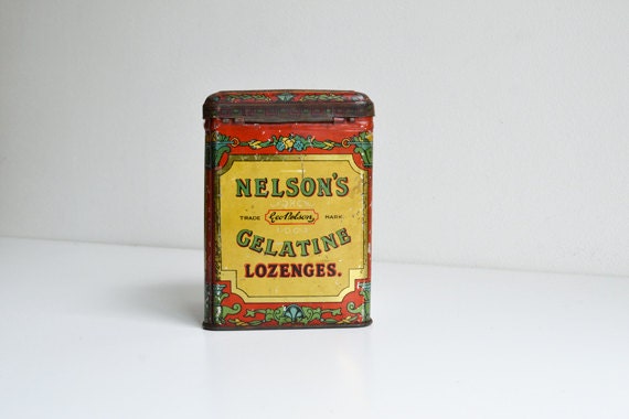 Tin box, Nelson’s Gelatine Lozenges, red, green, english castles ...