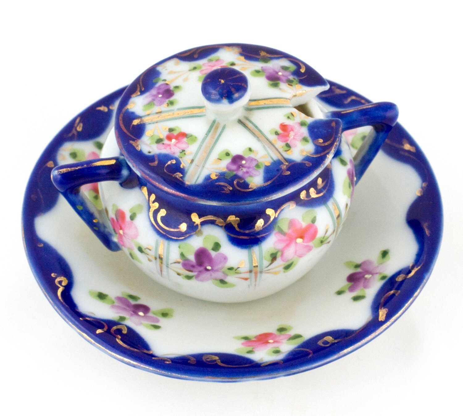 Blue Floral Sugar Bowl Mustard Pot Vintage Hand Painted Condiment ...