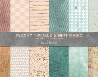 Mint & Coral Watercolor Digital Paper Printable Patterns of