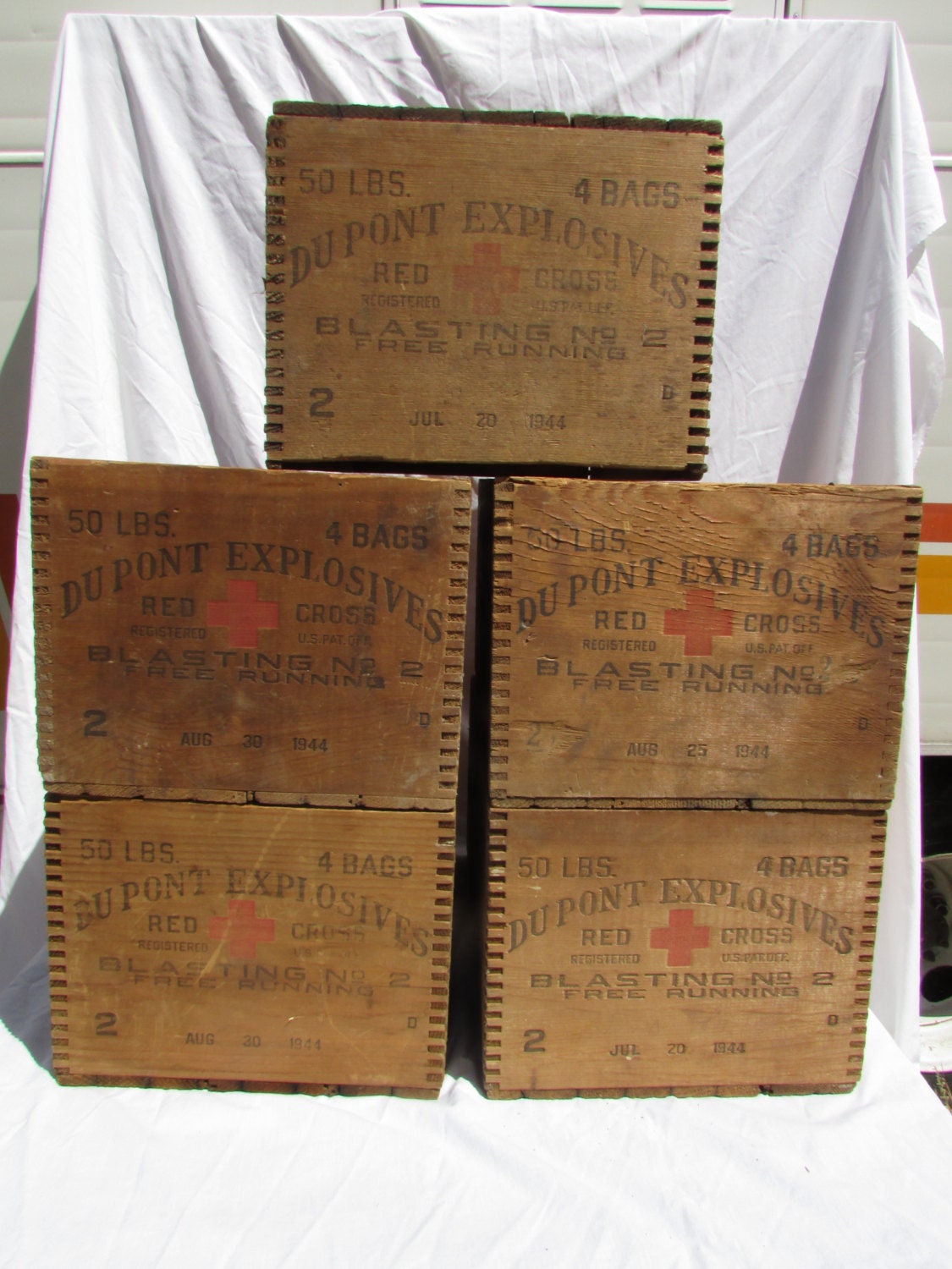 5 Red Cross Explosives Dynamite Wooden Crates dated 1944 – Haute Juice
