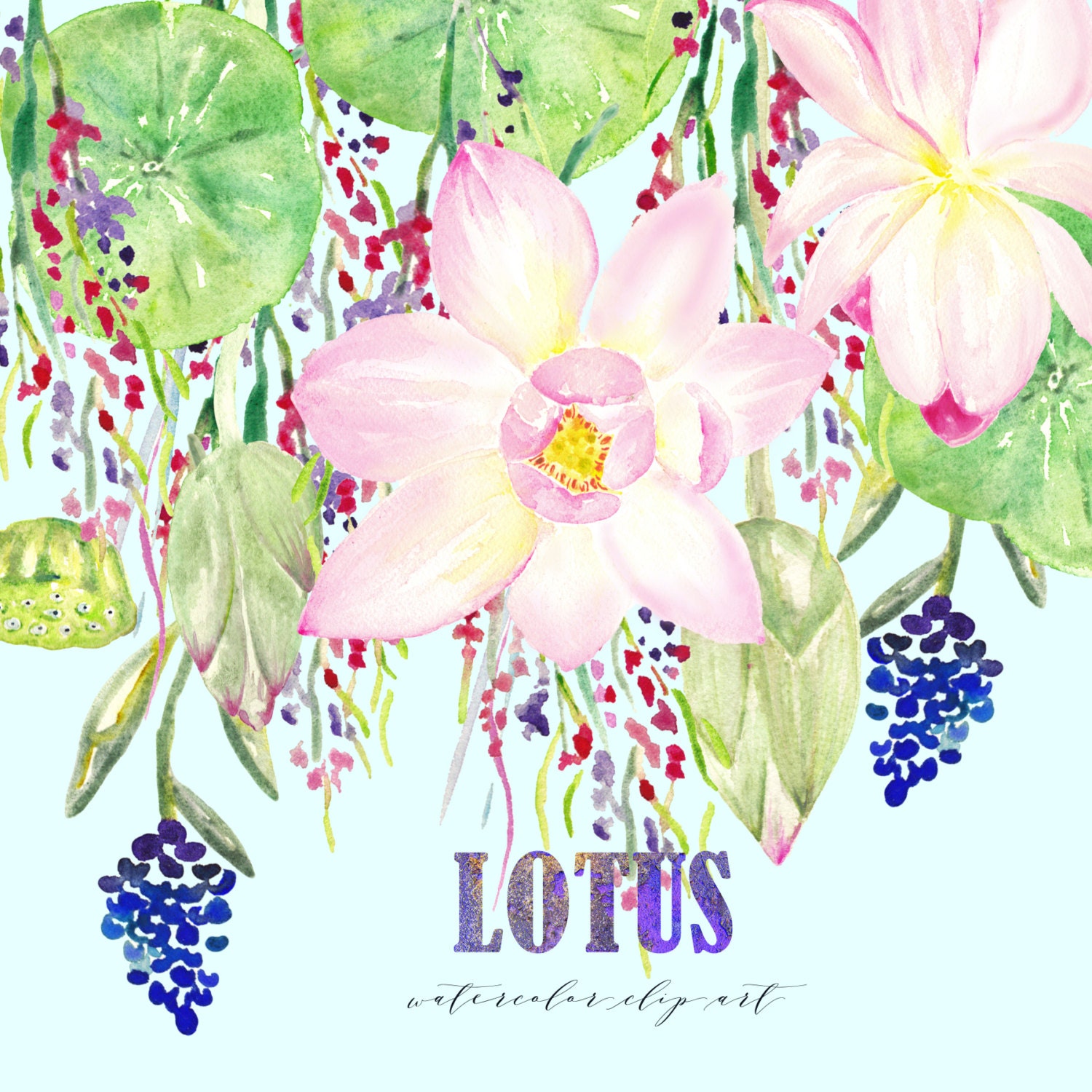 Lotus Watercolor clip art hand drawn. Wedding light green