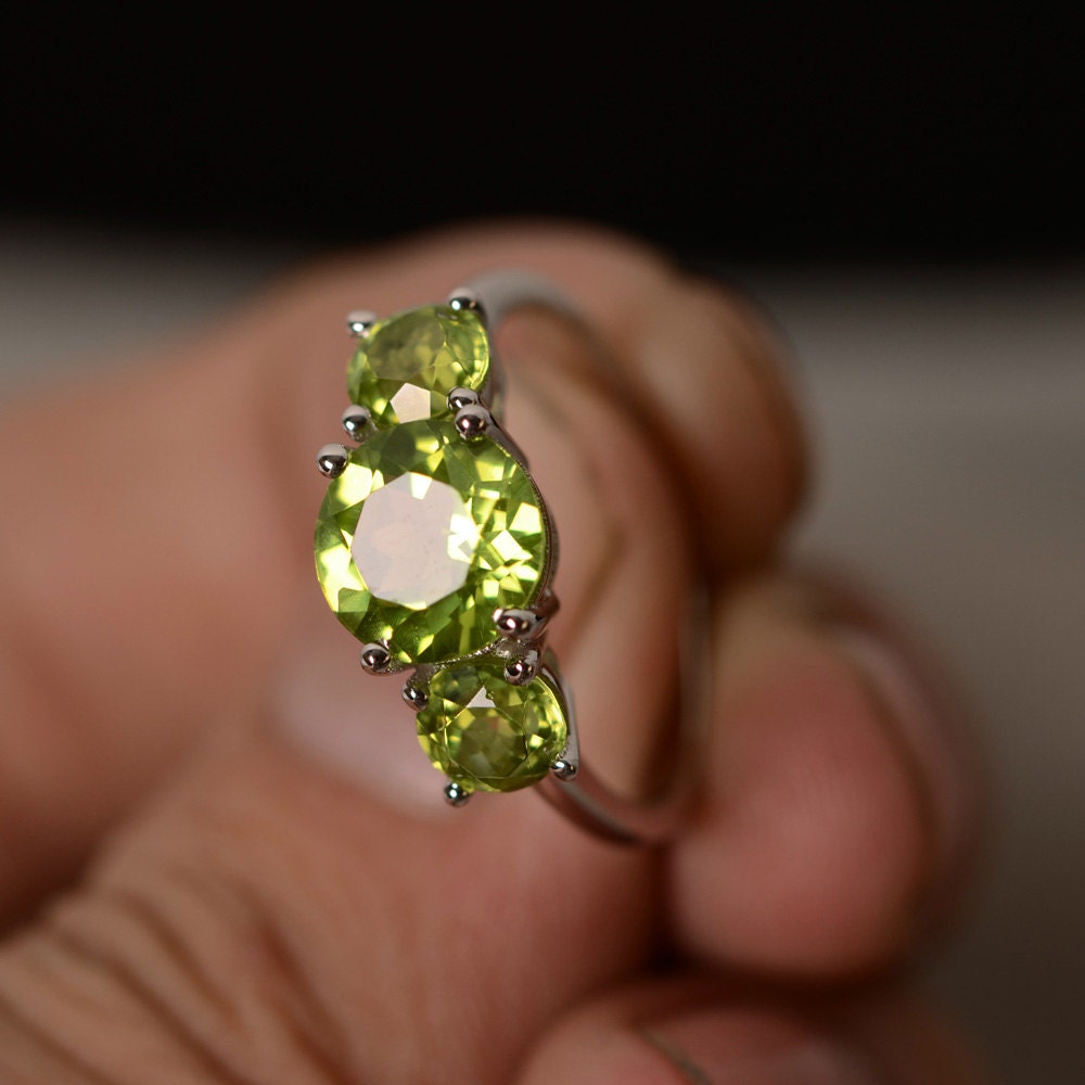 Natural Peridot Ring Three Stone Ring Peridot Gemstone Ring