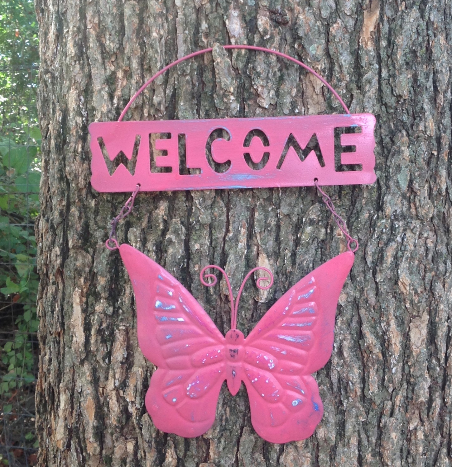 Butterfly Welcome Sign Bright Pink Hanging by BlueCottageCreation