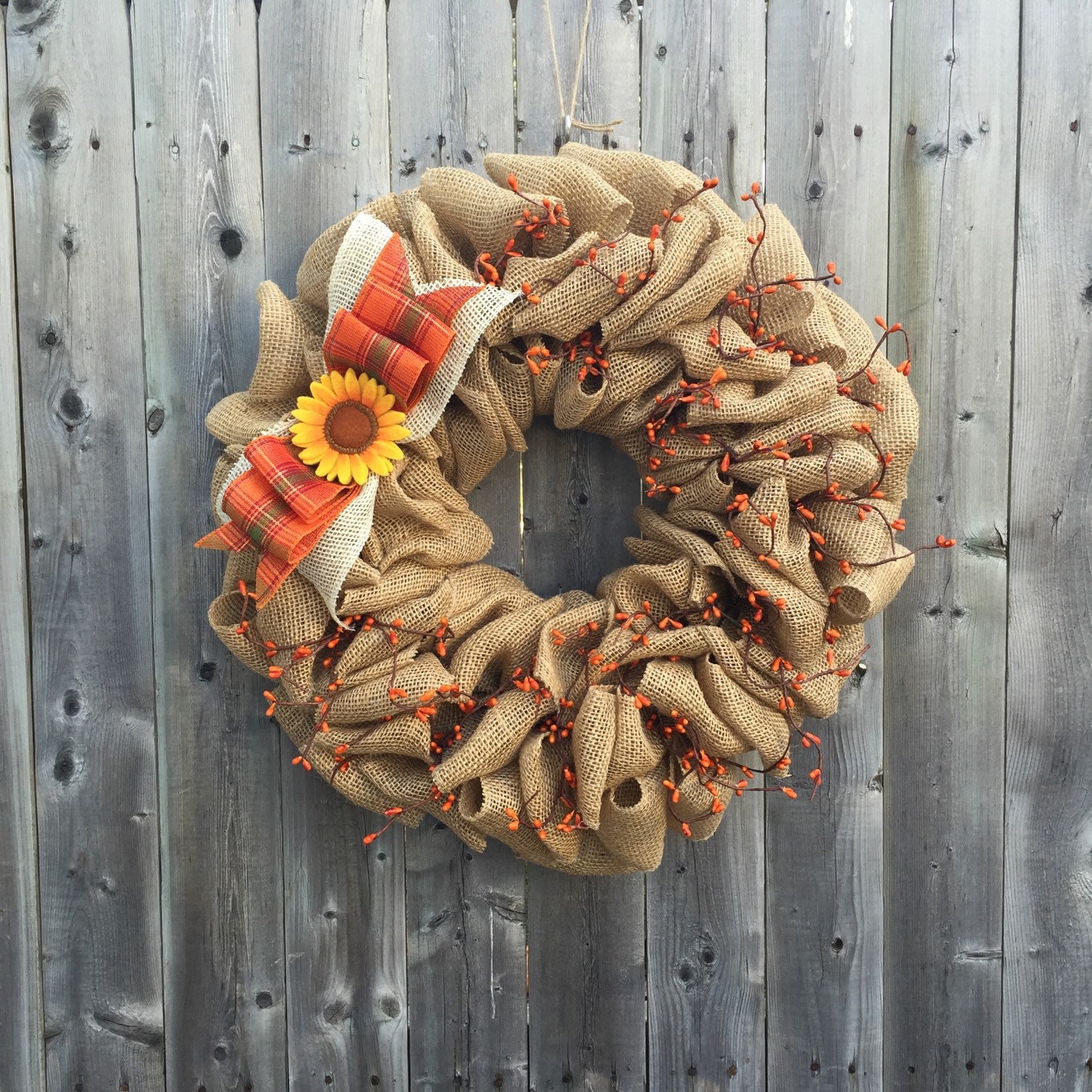 Fall Burlap Wreath with Pip Berries Autumn Wreath by JAMDesignsNJ