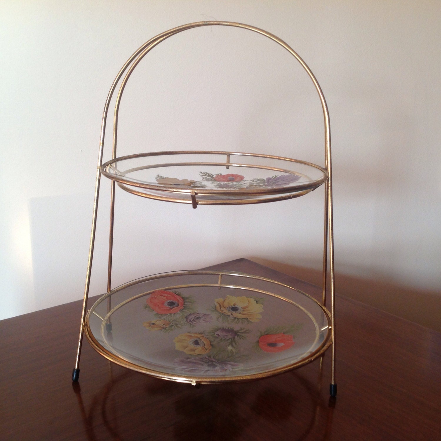 Vintage Cake Stand. Kitsch 1970s Floral Glass and Metal Tiered Cake ...