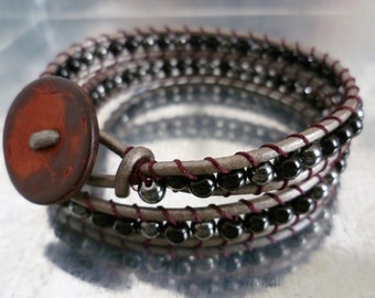 Items similar to Pink River Stone Leather beaded wrap bracelet Chan Luu style on Etsy