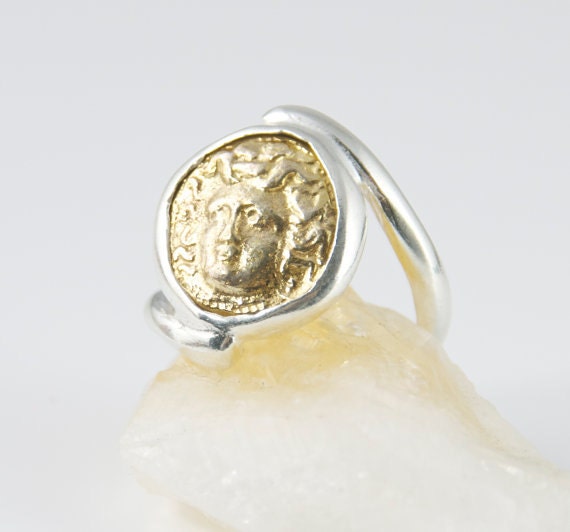 Ancient Coin Ring Medusa 925 Sterling Silver 18k GOLD