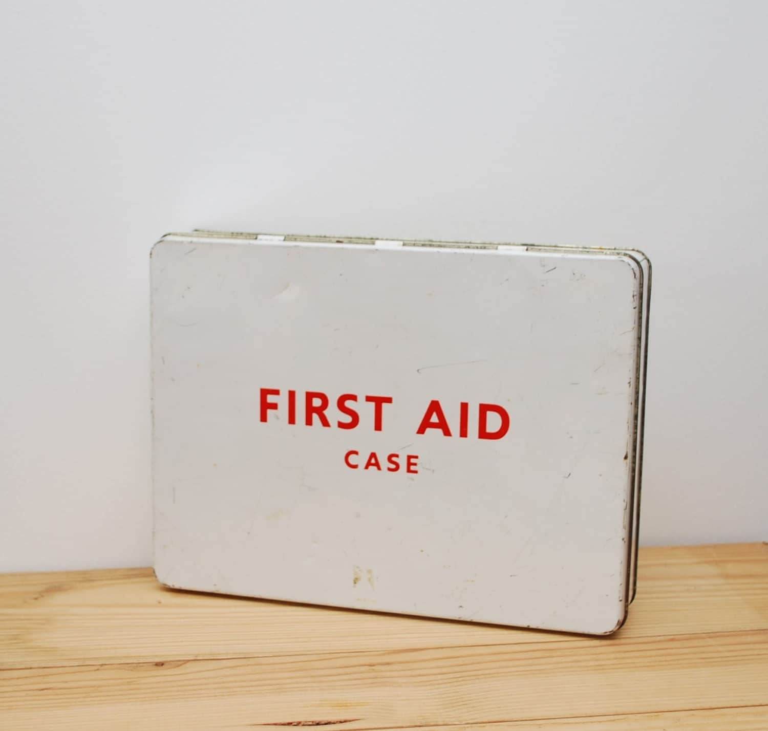 First Aid tin, vintage white tin with red writing, First Aid case ...