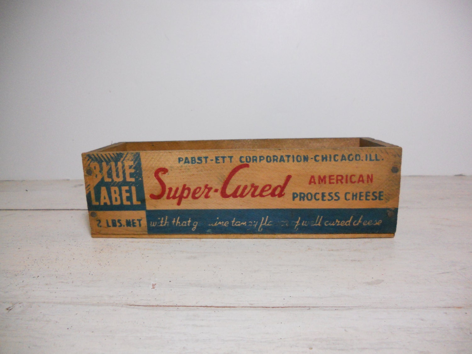 Vintage Wood Cheese Box – Blue Label – Pabst Ett – Haute Juice
