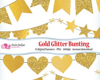 Gold Foil Bunting Banners Clipart. Digital clip art.