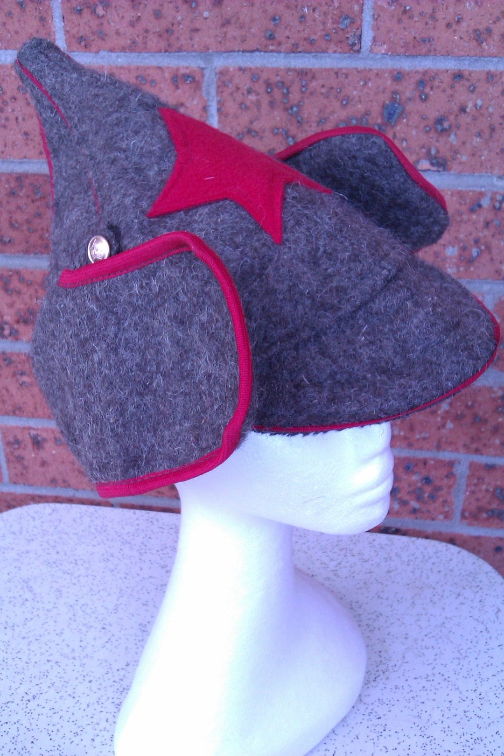 Vintage reproduction Soviet hat with ear flaps and pointed crown. Red ...