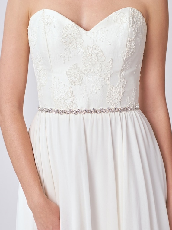 Thin Bridal Belt Thin Wedding Sash Crystal Belt Silver