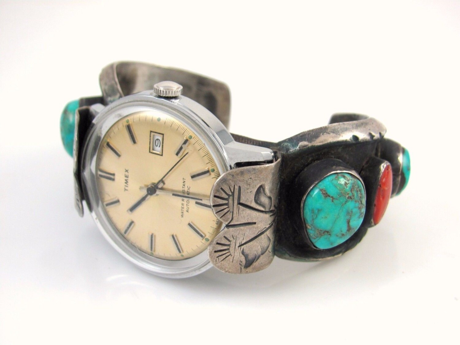 Heavy Navajo Sterling Silver Turquoise Coral Watch Cuff Bracelet/ 136 ...