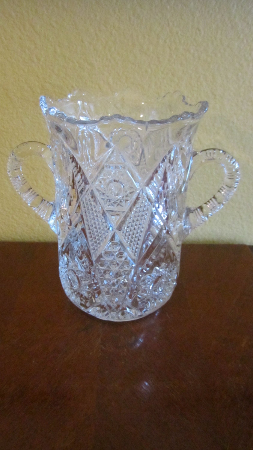 Pressed Glass Spooner Vase with Two Handles – Beautiful Vintage Crystal ...