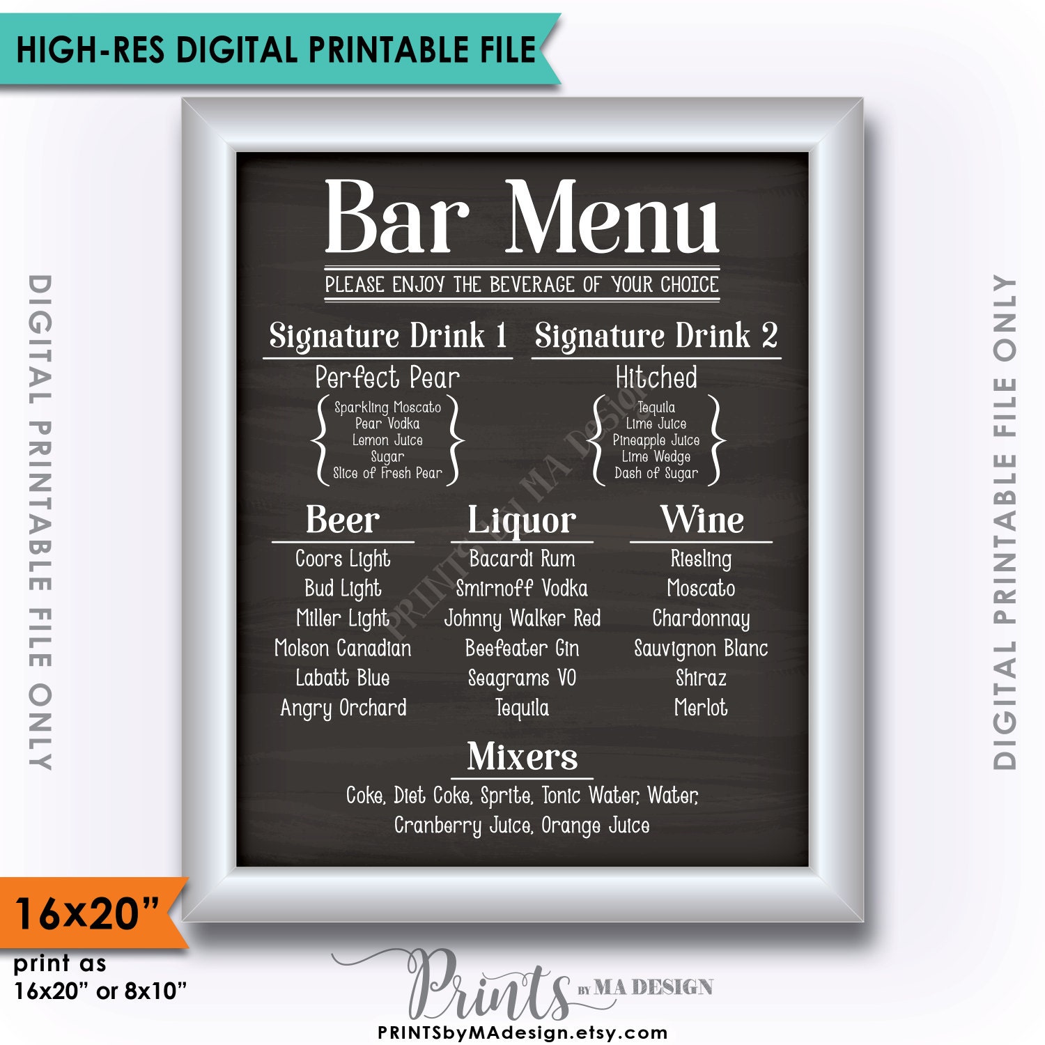 Bar Menu Sign Signature Drinks Sign Printable Bar Sign